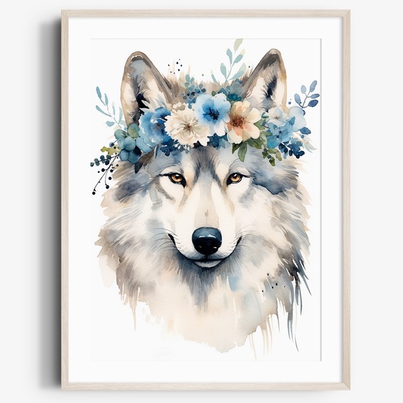 Art | Watercolor Floral Wolf Portrait Wall Art Illustration Print ...